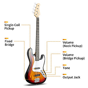 Ktaxon Electric Bass Guitar, Full-Size 4 Strings Beginner & Professional Guitar Kit, Basswood Electric Guitars with Bag, Shoulder Strap, Wrench Tool (Brown Sunburst)