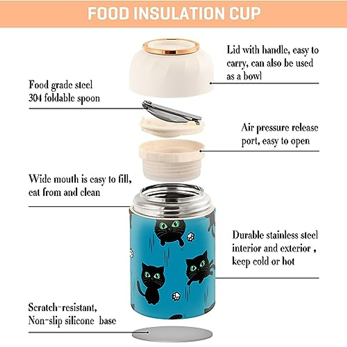 CUPADA Black Cat Kitten Cartoon Food Jar, Cute Claw Scratch Insulated Hot Food Jars Vacuum 17OZ with Folding Spoon for Work Trip Picnic Camping