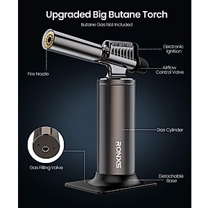 RONXS Butane Torch, Torch Lighter with 25g Large Gas Capacity, Refillable Blow Torch with Max 6'' Big Continuous Adjustable Flame, Industrial Soldering Torch for Cooking DIY Crafts (Gas Not Included)