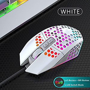 Uiosmuph X801 Wired Gaming Mouse, Honeycomb Lightweight Gaming Mouse with RGB Backlit, 7 Programmable Buttons and One-Click Desktop, 8000 DPI Optical USB Gamer Mouse for Mac, Laptop, Computer - White