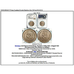1 DE 1929D GERMANY Weimar Constitution President Hinde 3 Mark MS 64 NGC