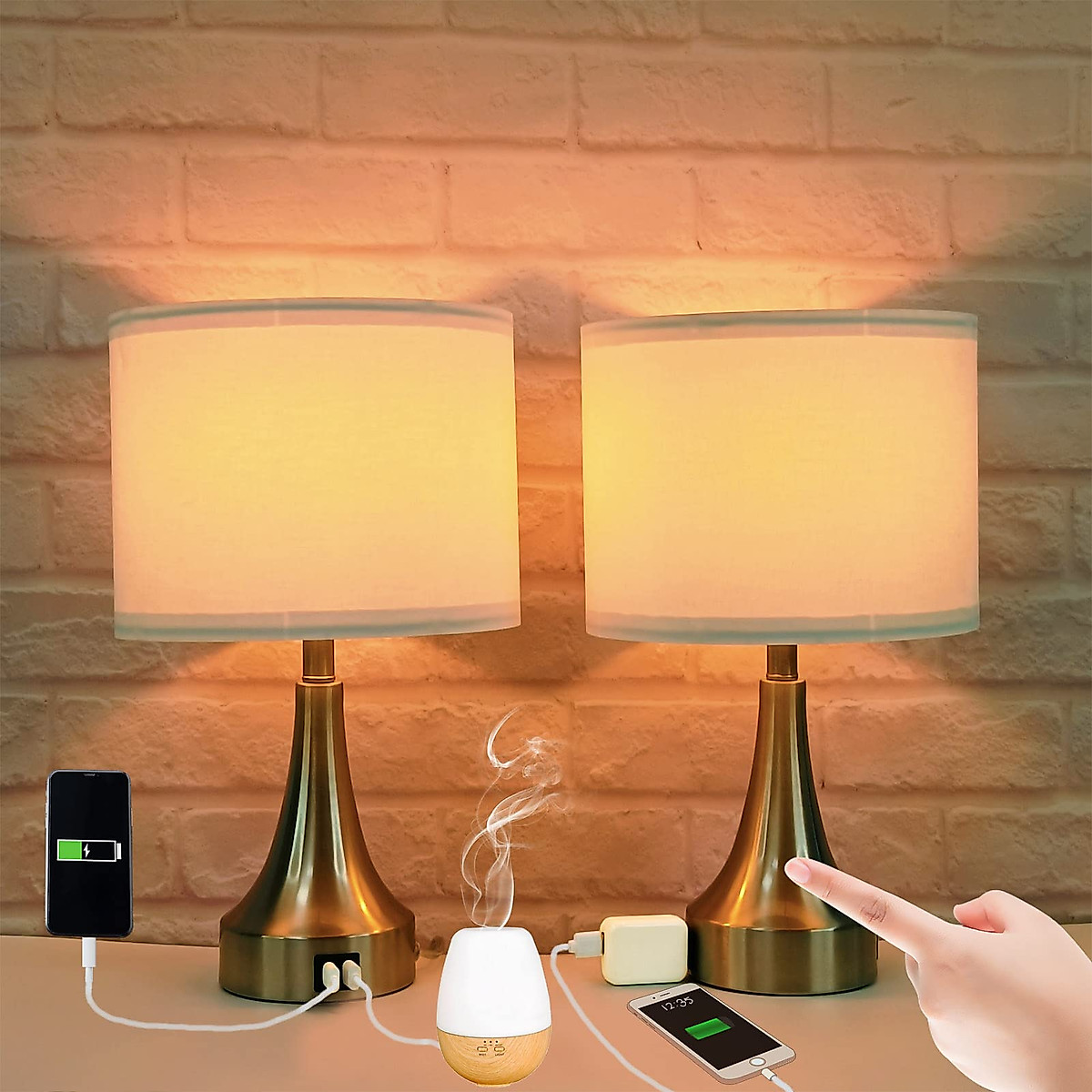 AMUV Lamps for Bedrooms Set of 2,Bedside Lamps Set of 2 with 2 USB Ports & AC Outlet,3-Way Dimmable Touch Nightstand Lamps Set of 2 for Living Room Office, White Fabric Shade,2700K Bulb Included