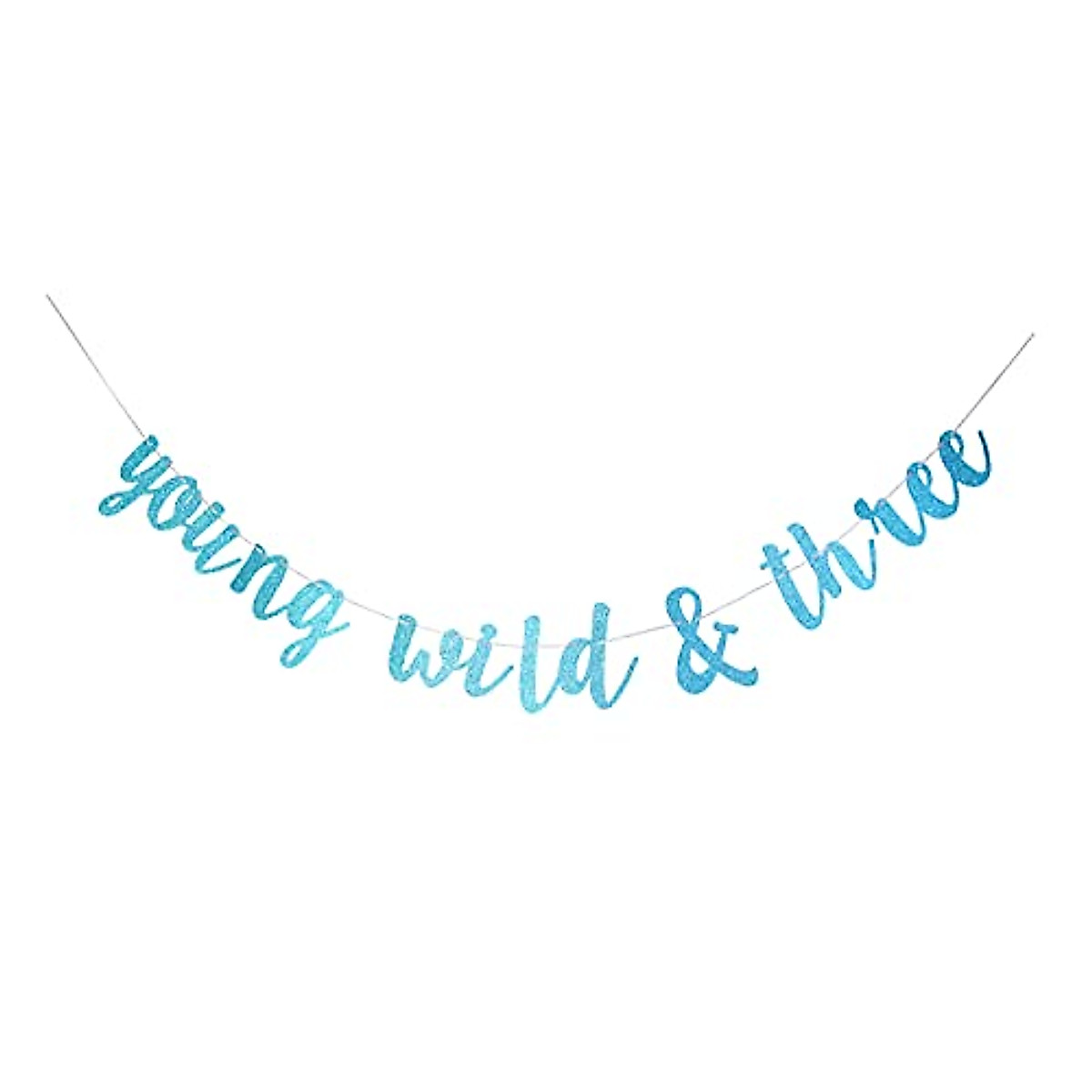 Young Wild and Three Banner -Blue Glitter Happy 3rd Birthday Party Decoration Bunting Photo Props，Children's Birthday Party Supplies