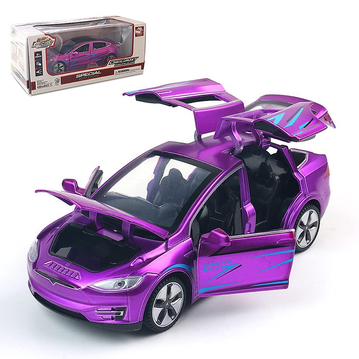 Model X Toy Car, 1:32 Zinc Alloy Diecast Car Toys for Kids, Pull Back Collectible Vehicle Toy Door Opening Scale Car Model with Sound and Light, Birthday Gift for Boys Girls 3+ Years Old