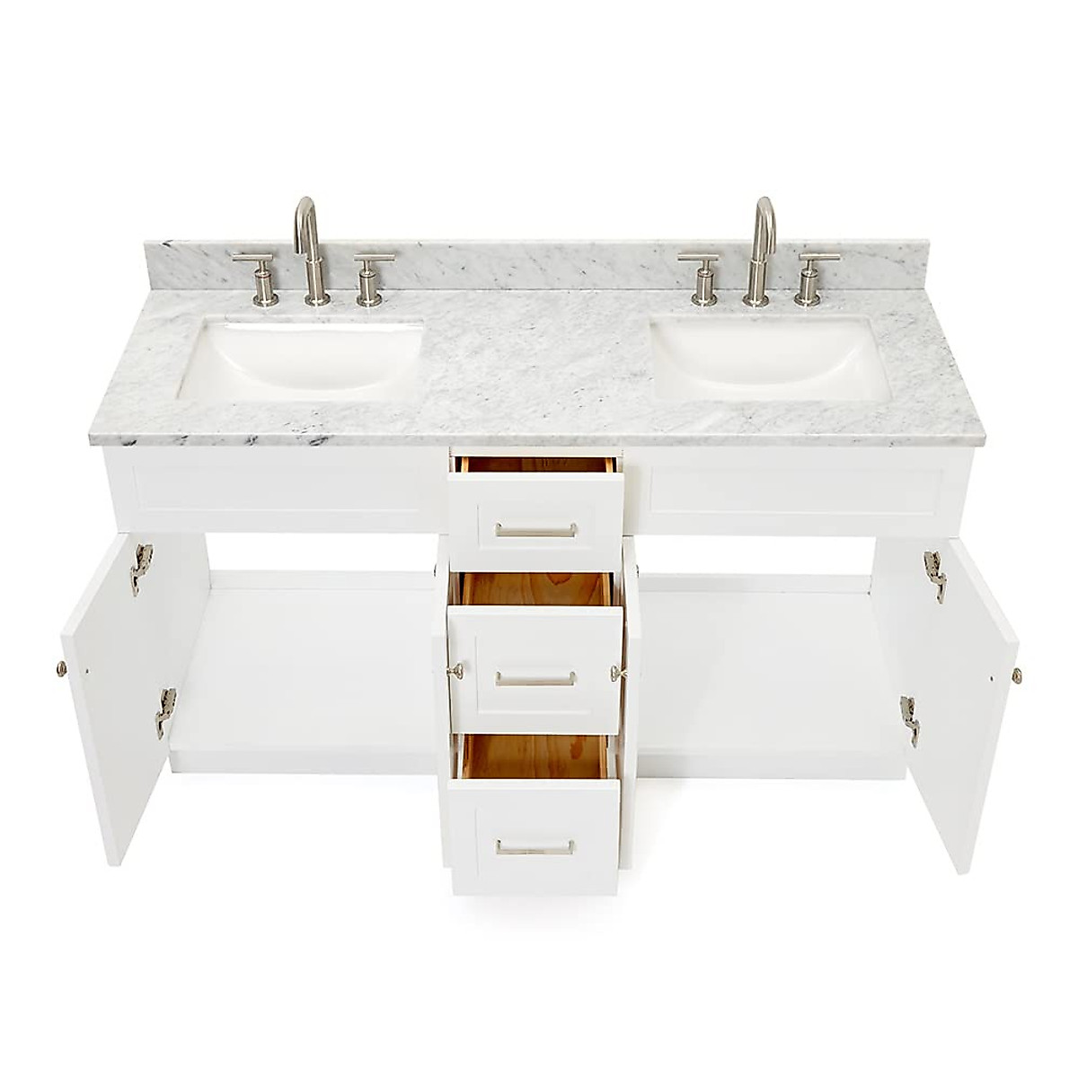 ARIEL 61" White Double Bathroom Vanity, Italian Carrara Marble Countertop & Splash, Rectangular Sink, 2 Soft Closing Doors, 3 Full Extension Dovetail Drawers, Toe Kick, Brushed Nickel