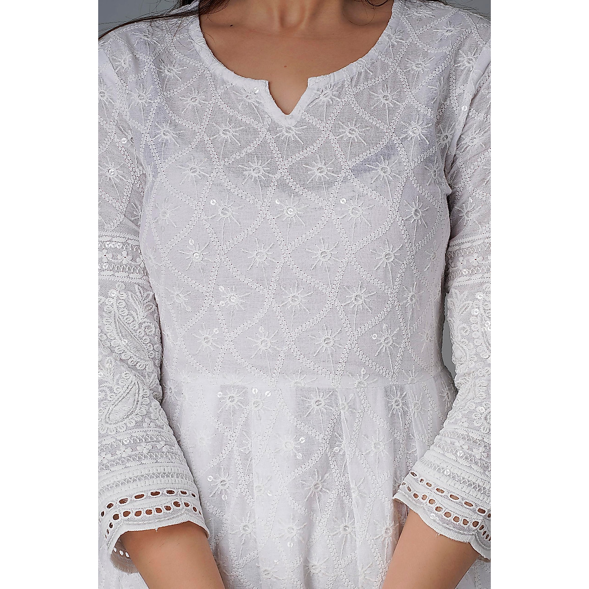 JG JAI GOVINDAM Chikankari Cotton Anarkali Indian Kurti For Women Summer Dress Kurta Pant With Dupatta Set Pakistani Long Kurta-(XL) White