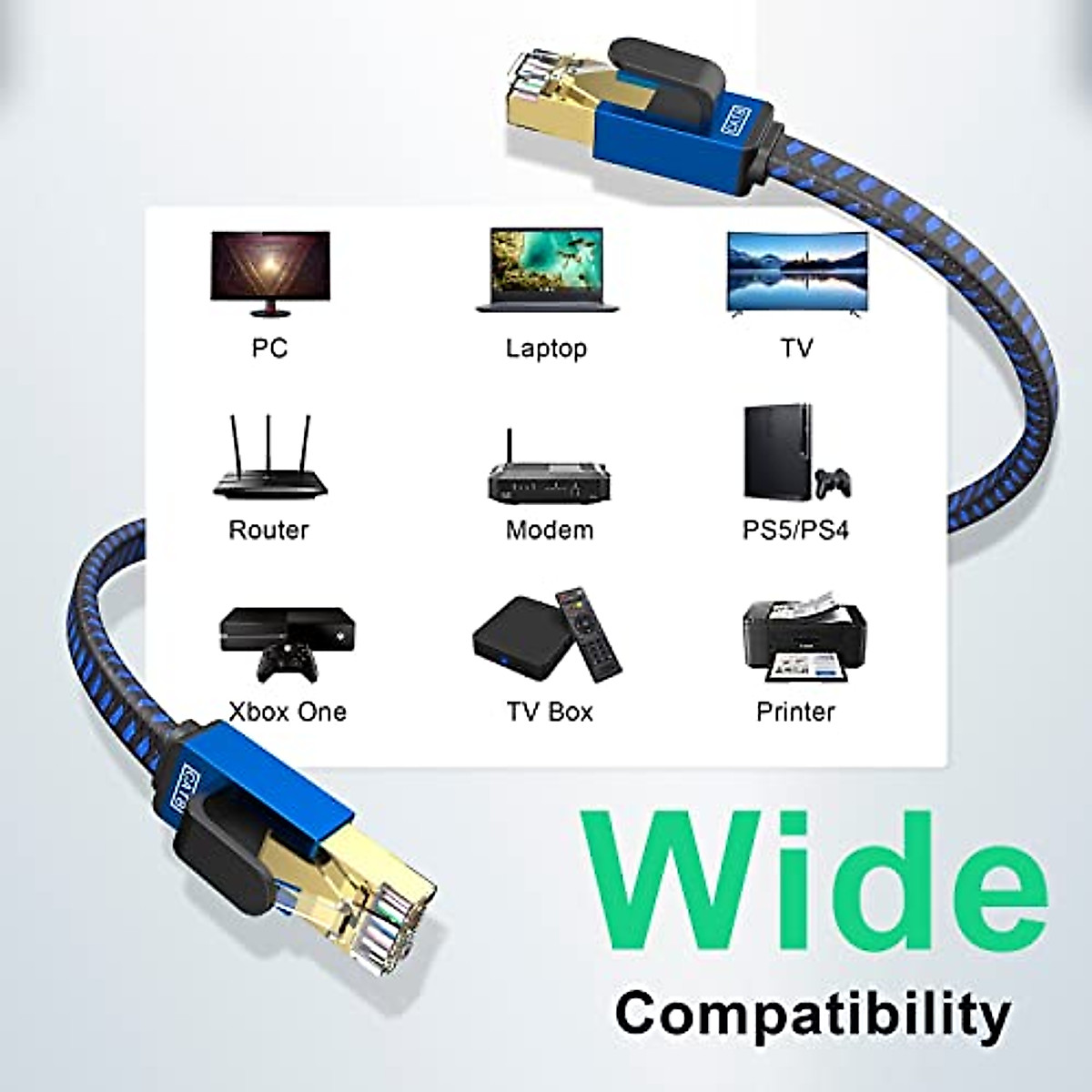 LEKVKM Cat 8 Ethernet Cable 30 FT High Speed Long Internet Cable Nylon Braided Network Cable RJ45 Connectors SSTP Shielded Flat LAN Cable Cat8 ethernet Cables 30feet for PC