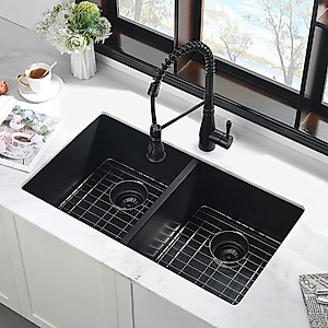 32 Inch Black Kitchen Sink Undermount-iAnomla 32x18 Inch Double Bowl Kitchen Sink 50/50 Black Quartz Composite Undermount Kitchen Sink