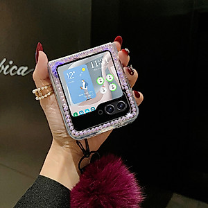 for Samsung Galaxy Z Flip 5 Case,Samsung Flip 5 Case Cute Bling Diamond Girly Design,Galaxy Flip 5 Case 3D Handmade Pearl Rose Flower with Wrist Lanyard,Flip 5 Phone Case for Women Girls (Purple)