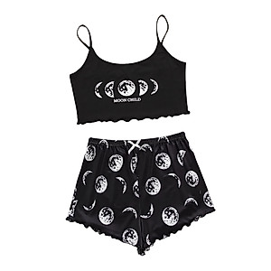 WDIRARA Women's Sleepwear Cute Print Lettuce Trim Cami and Shorts Pajama Set Black Moon M