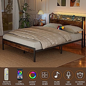 Furnulem Queen Bed Frame with LED Lights,Industrial Storage Headboard with Power Outlet and USB Port,Wood Platform with Strong Metal Support,No Box Spring Needed, Noise Free