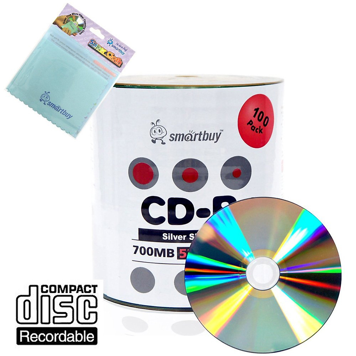Smartbuy 100-disc 700mb/80min 52x CD-R Silver Shiny Blank Recordable Disc + Free Micro Fiber Cloth