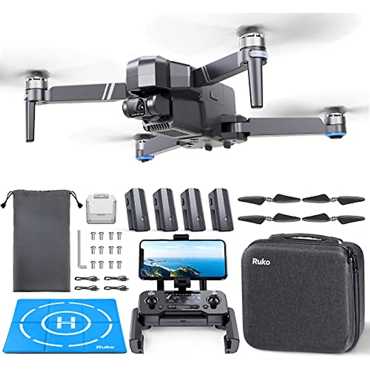 Ruko F11GIM2 4B Fly More Time 112 Mins GPS Drone, 3-Axis Gimbal with 4k Camera, 4 Batteries Professional Drone, Extra Landing Pad, 3km Long Range, Auto Return, Follow Me, Waypoint, Point of Interest