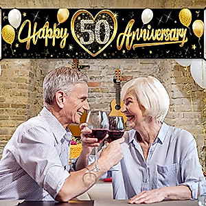 Happy 50th Wedding Anniversary Banner Decorations, Black Gold 50th Anniversary Sign Party Supplies, 50th Wedding Anniversary Decor Photo Booth for Outdoor Indoor