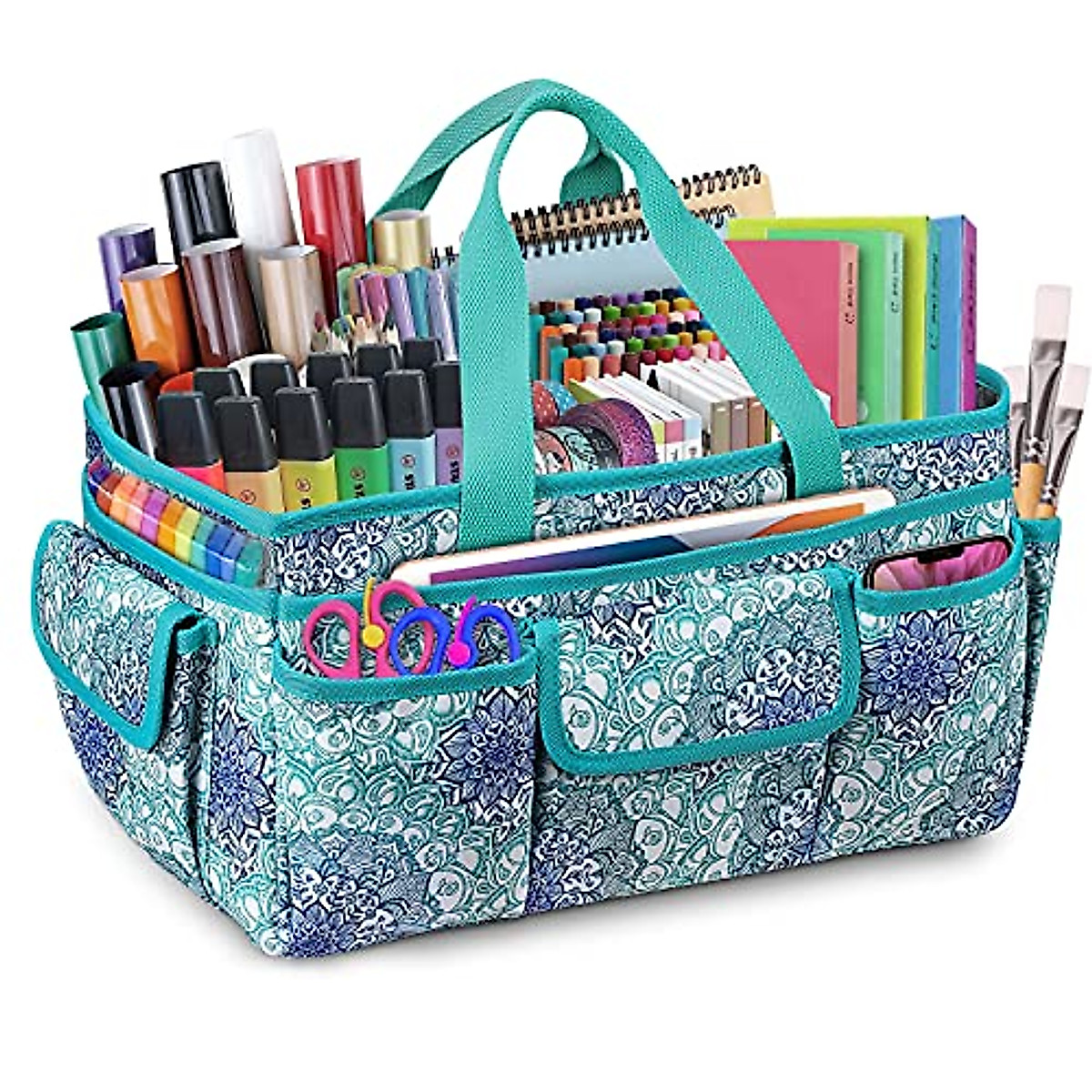 FINPAC Large Craft Storage Tote Bag with Multiple Pockets, Scrapbooking Carrying Case Storage Caddy with Handle for Sewing, Art, Desktop, Baby Care Supplies (Emerald Illusions)