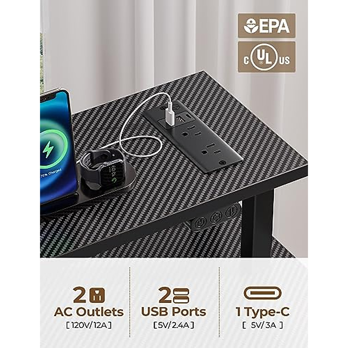 Rolanstar Computer Desk with Power Outlets & LED Light, 47 inch Home Office Desk with 3 Drawers and Storage Shelves, Writing Desk with Monitor Stand, Modern Work Desk for Home Office, Carbon Black