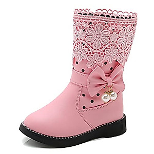 DADAWEN Girl's Waterproof Lace Bowknot Side Zipper Fur Winter Boots (Toddler/Little Kid/Big Kid) Pink(Update) US Size 2 M Little Kid