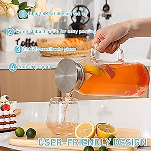 2 Pcs Glass Pitcher Water Pitcher with Lid Hot Cold Water Pitcher Bedside Water Carafe with Handle Heat Resistant Borosilicate Glass Jug for Fridge Beverage Carafe (68 oz,Stainless Steel)