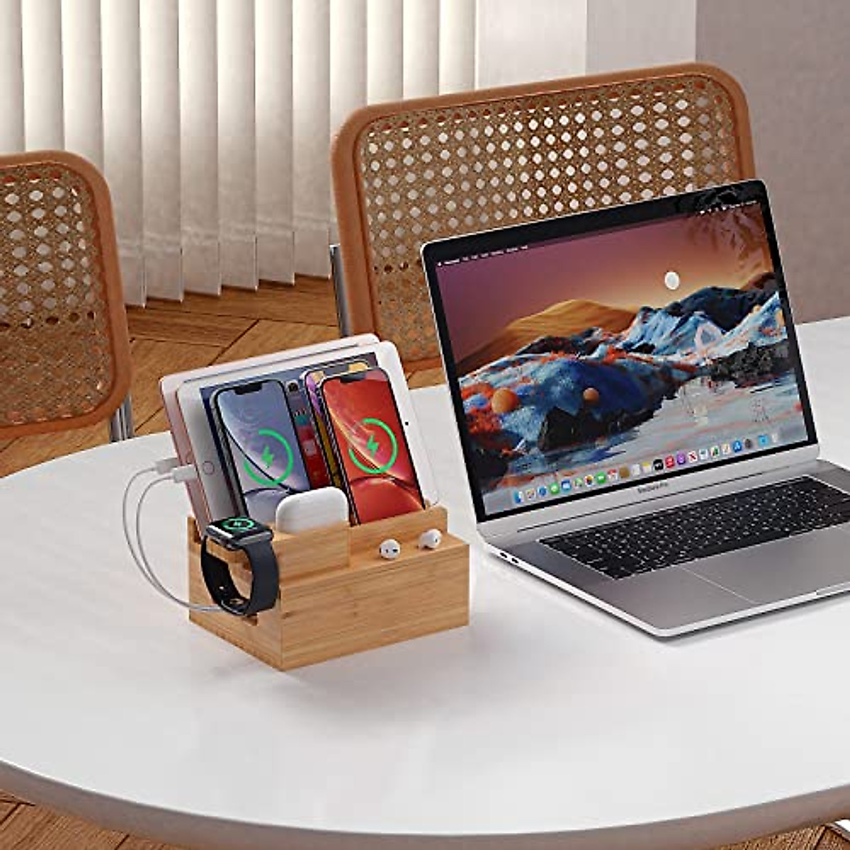 Pezin & Hulin Bamboo Charging Station for Multiple Devices (Included 5 Port USB Charger, 6 Pack Charge & Sync Cables, SmartWatch & Earbuds Stand), Electronic Device Desktop Dock Stations Organizer