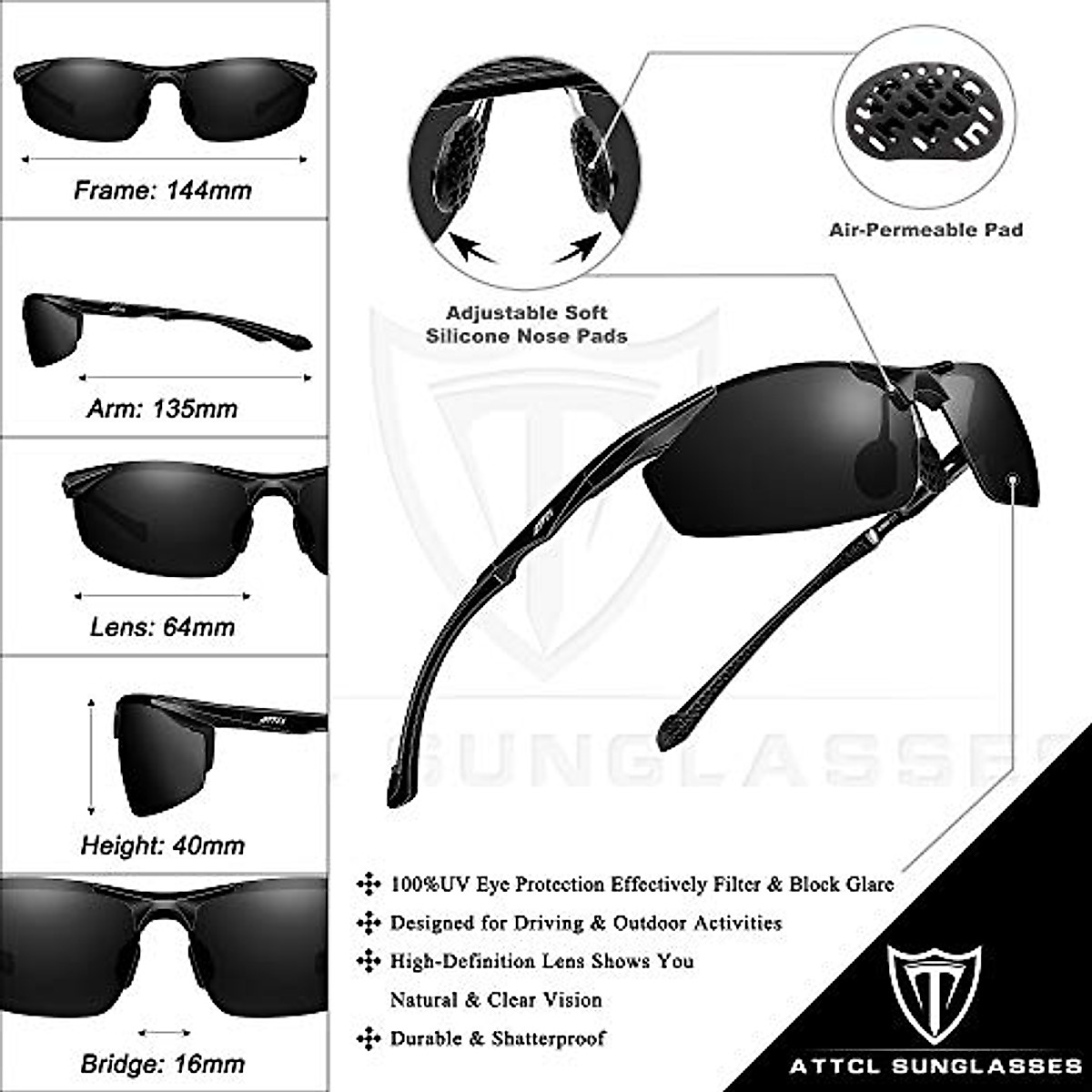 ATTCL Polarized UV Protection Sports Fishing Driving Sunglasses for Men Al-Mg Metal Frame Ultra Light 8585 Black
