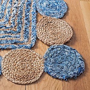 SAFAVIEH Cape Cod Collection 4' Round Blue/Beige CAP201C Handmade Boho Braided Jute & Cotton Entryway Foyer Living Room Bedroom Kitchen Area Rug