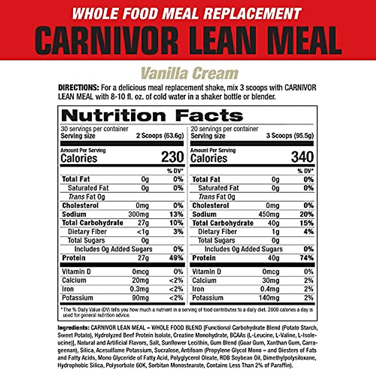 MuscleMeds CARNIVOR LEAN MEAL whole food meal replacement shake, MRE, beef protein isolate, white potato, sweet potato, 40g protein, 40 g carbs, lactose free, sugar free, Vanilla Cream 20 servings