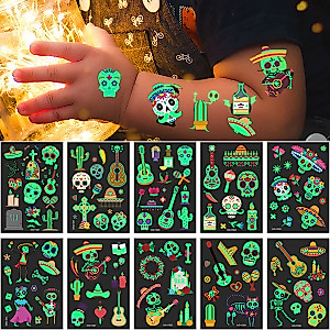 Day of the Dead Luminous Halloween Temporary Tattoo for Kids Adults, 125PCS Waterproof Fake Face Tattoos, Body Stickers Decorations Glow in the Dark, Makeup Party Favors Supplies Decor Boys Girls