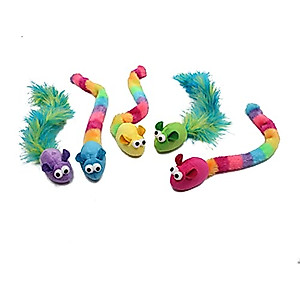 Jumpaws 5 Pack Interactive Catnip and Feather Cat Toys, Multi-Colored Mice with Long Feather Tail, Accessories for Indoor Cat, Catnip Plush Toys with Natural Feathers and Rattles