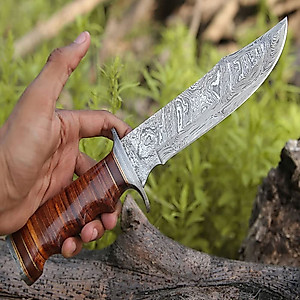 DAMASCUS HUNTING KNIFE, Bowie knife, Engraved knife, Personalized Gift for Him, Survival knife, Stacked Leather Handle