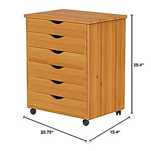 Adeptus Original Roll Cart, Solid Wood, 6 Drawer Extra Wide Drawers Roll Carts, Medium Pine