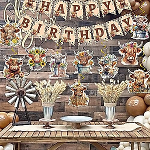 Cheerdecor Highland Cow Birthday Decorations - 16PCS Cow Birthday Party Decorations Brown Happy Birthday Banner Chic Highland Cow Hanging Swirls Western Highland Cow Birthday Party Ceiling Decor