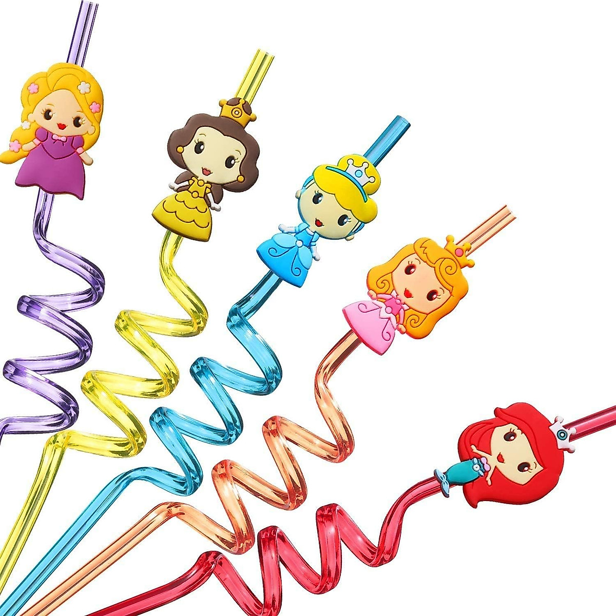 Lidmada 25Pcs Princess Party Favors Straws with 2 Cleaning Brushes, 5 Designs Reusable Plastic Straws Great for Princess Themed Birthday Party Supplies for Girls Kids