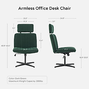 EYYTHUNG Home Office Chair No Wheels with Headrest Extra Wide Crossed Armless Desk Chair Adjustable Makeup Chair for Bedroom Dark Green