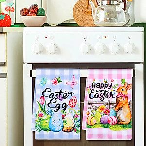 RUMIA 4 Pcs Easter Kitchen Towels Buffalo Plaid Happy Easter Kitchen Dish Towels Dishcloth 18 x 26 inch Easter Gnomes Bunny Eggs Hand Towels for Spring Easter Housewarming Gifts Kitchen Decor