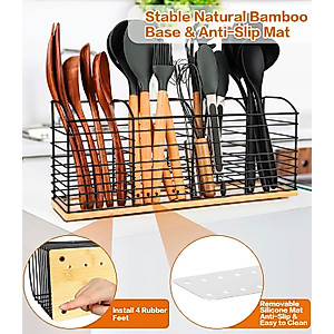 PrimZooty Extra Large Utensil Holder for Kitchen Counter - 15.7"x 6.7"x 4.4", Aesthetic Design, Anti-Slip Mat, 4 Compartments, Black Cooking Utensil Organizer for Countertop, Spatula Utensil Caddy