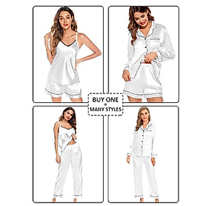 SWOMOG Womens Silk Satin Pajamas Set Three-piece Pj Sets Sleepwear Loungewear Button-Down Pj Sets White