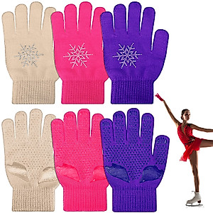 Jiuguva 3 Pairs Ice Skating Gloves Figure Skating Accessories Gloves with Snowflake Rhinestone Knit Gloves for Kid Girl (Skin Color, Purple, Pink)