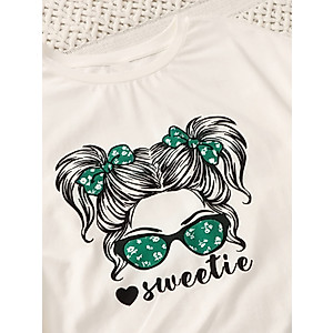 SOLY HUX Girl's Two Piece Outfits Summer Tops Short Sleeve T-Shirt Figure Graphic Tee and Pants Bell Bottom Flared Pants Set White and Green 11 Years
