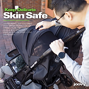 Joovy Kooper RS2 Lightweight Travel Double Stroller Featuring Dual Snack Trays, One-Handed Fold, Multi-Position Reclining Seats, Adjustable Leg Rests, and 2 Zippered Pockets for Storage