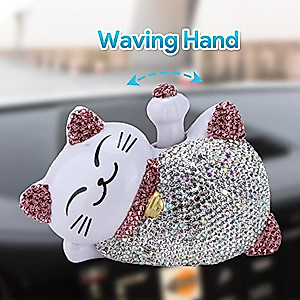 4.13×2.36×2.76in Solar Feng Shui Lucky Cat Rhinestone PVC Material Japanese Maneki Neko Waving Hand Fortune Cat for Car Interior Decoration Desktop Ornaments,Bring Good Luck Wealth (Pink)