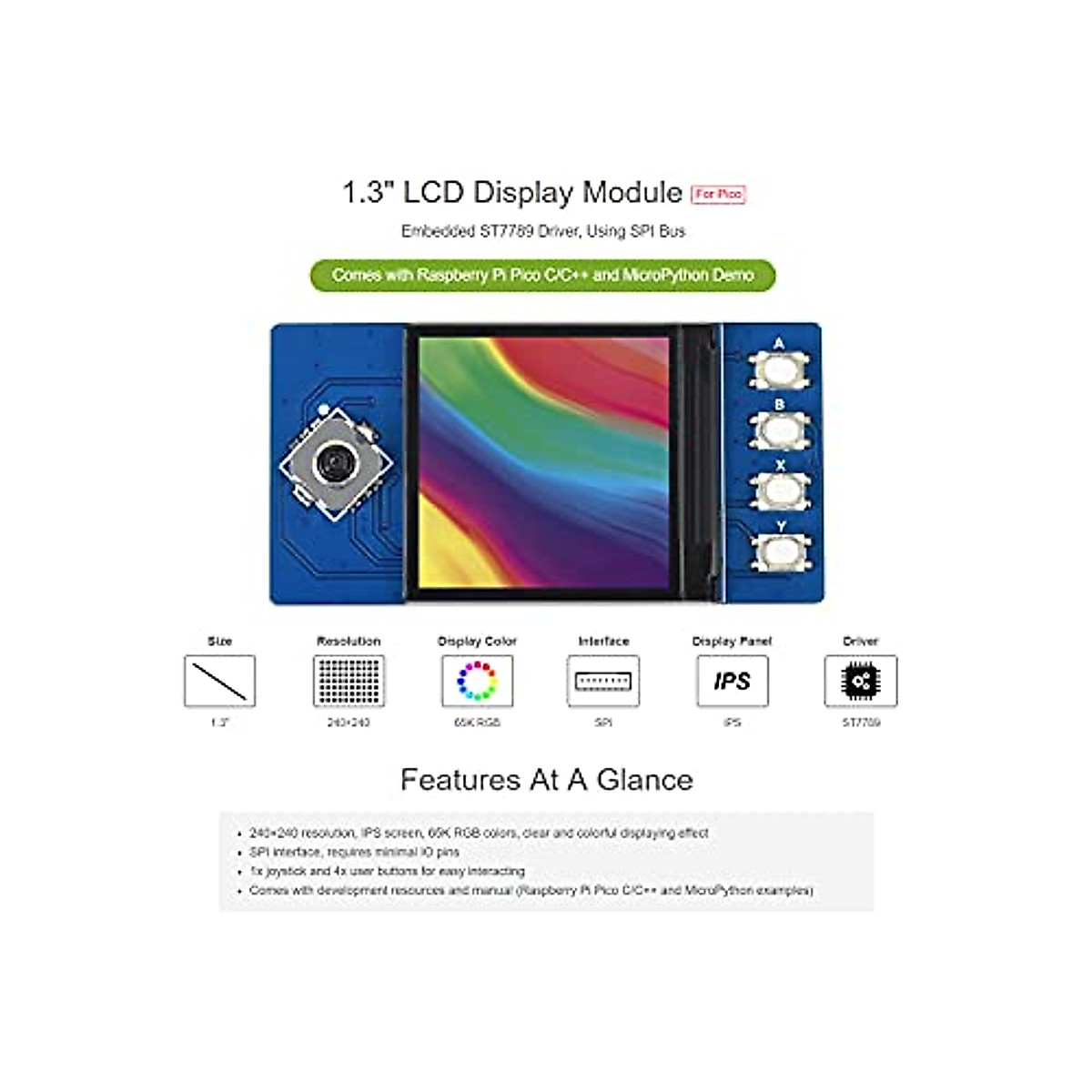 waveshare 1.3inch LCD Display Module for Raspberry Pi Pico 65K RGB Colors 240×240 Pixels SPI Interface Comes with Raspberry Pi Pico C/C++ and MicroPython Demo