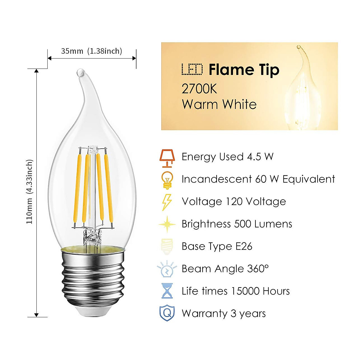 LVWIT Flame Tip LED Filament Bulb Candelabra E26 Base Dimmable 4.5W (60W Equivalent) B11 Chandelier Candle Light Bulb，2700K Warm White 6-Pack