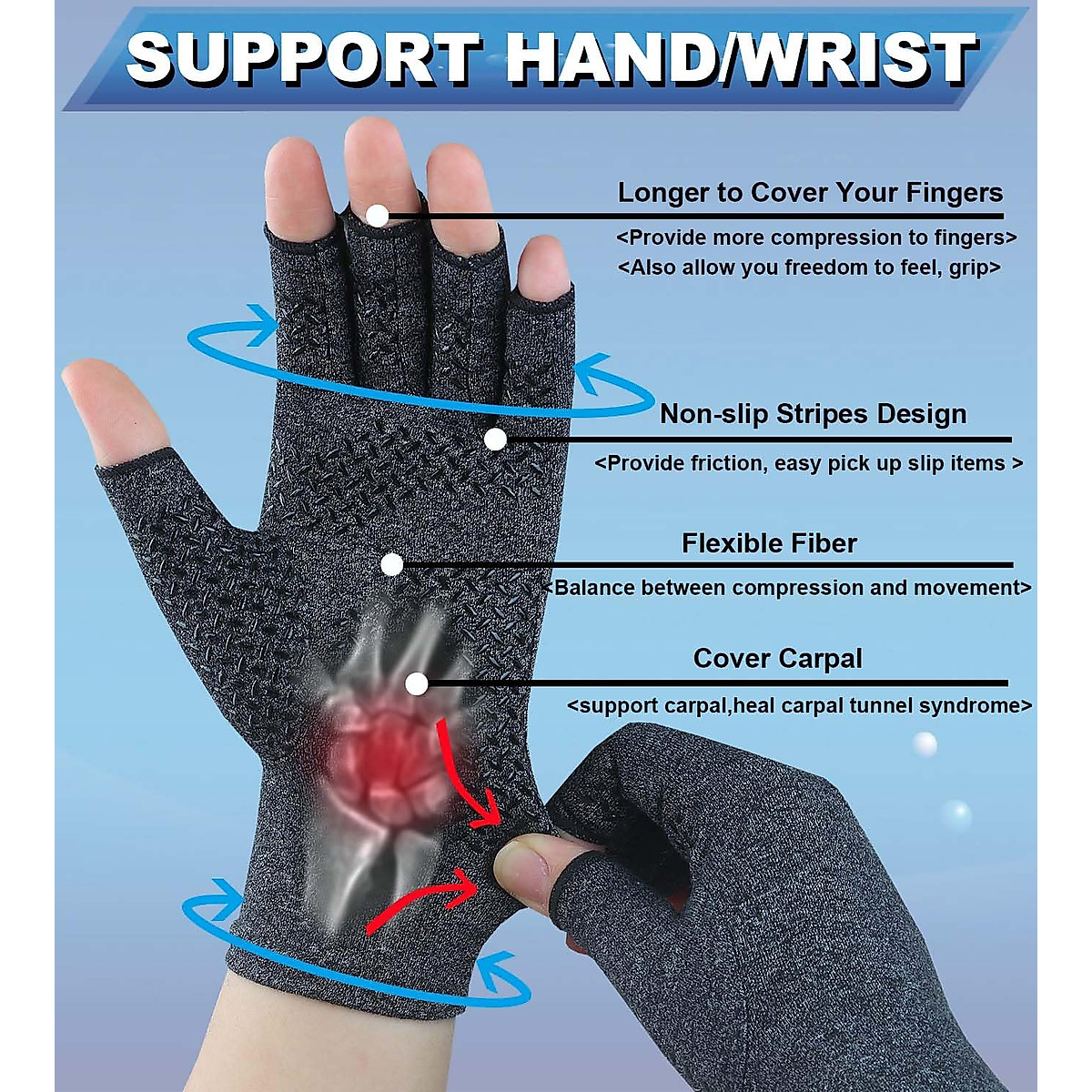 Kecartu 2 Pairs Compression Gloves for Rheumatoid Arthritis, Osteoarthritis, Carpal Tunnel Pain, Fingerless Arthritis Hand Gloves for Women Men Support Work&Computer Typing (Pure Black+Purple,Medium)