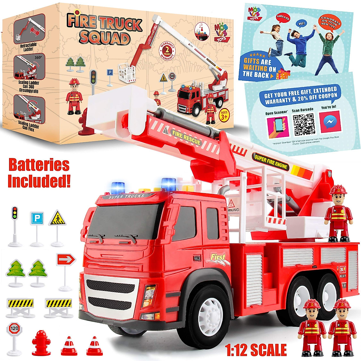 Fire Truck Playset - 1:12 Scale Large Size Toys - Realistic Fire Engine, 3 Firemen, Road Signs, Lights, Sounds - Friction-Powered Fire Truck Toys for 3 Year Old Boys, Girls, Toddlers Age 3 4 5