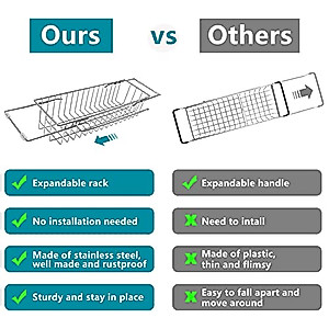 Kitchen Sink Caddy Sponge Holder, Kitchen Sink Caddy Expandable with Dish Cloth Hanger, Stainless Steel Kitchen Sink Organizer Drying Rack Basket, No Drilling