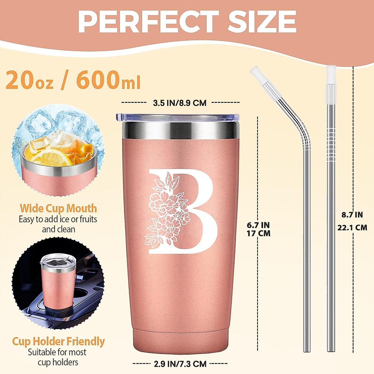 Leraverppy Personalized 20oz with Initial Stainless Steel Coffee，Leak Proof Rose Gold Tumbler with Lid And Straw Double Wall Thermal Cups for Hot and Cold Drinks Monogrammed Gifts for Women（C20-B）