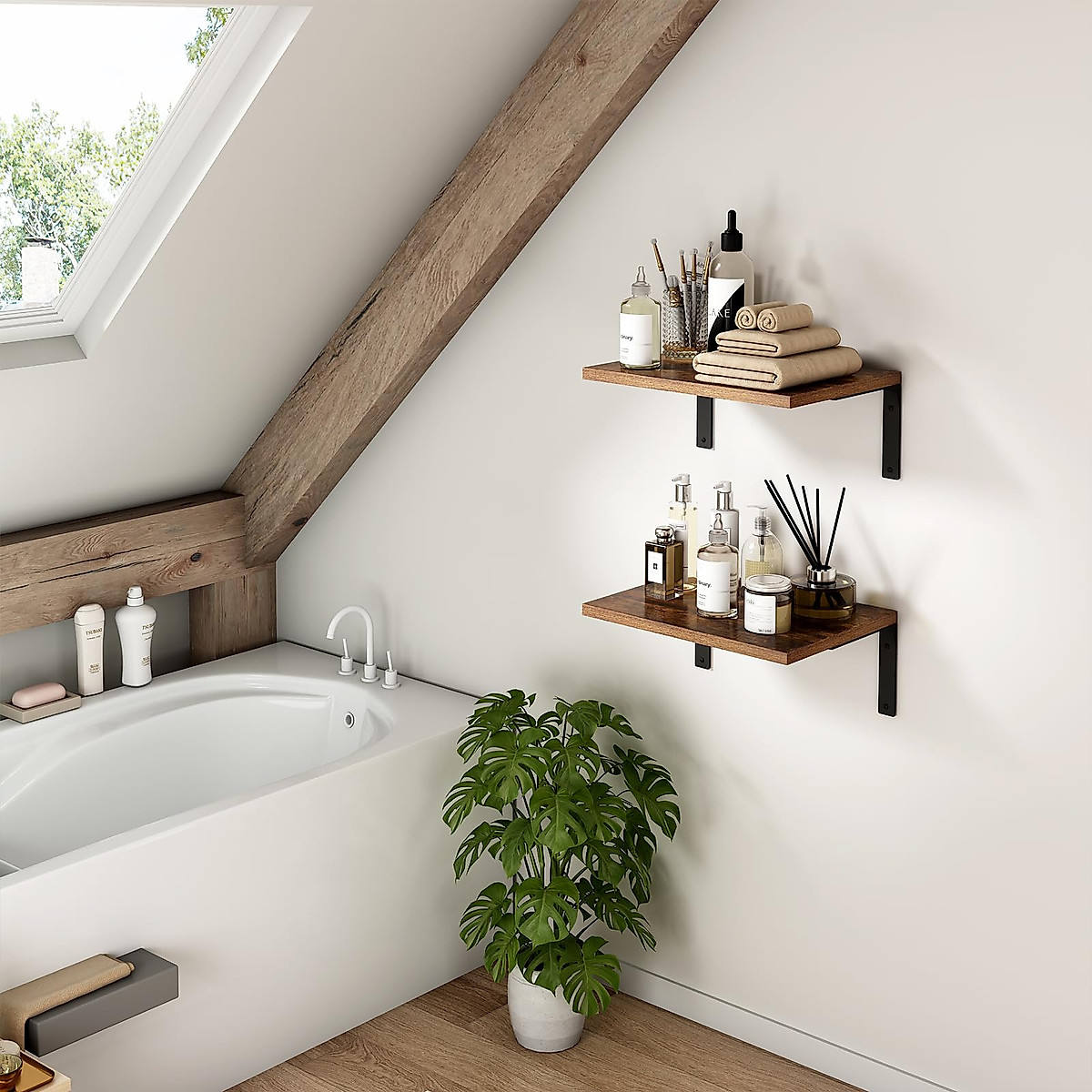 Inforth Floating Shelves for Wall Display, 12” Deep Wall Mounted Shelves for Living Room, Bedroom, Kitchen, Office Decor, Modern Hanging Bookshelf, Storage and Display Shelf Set (Rustic Brown)