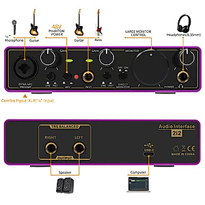 USB Audio Interface for PC-Kmise 2i2 Audio Equipment Computer Recording Sound Card,High Compatibility,Studio Quality Recording for Live Streaming Podcasting