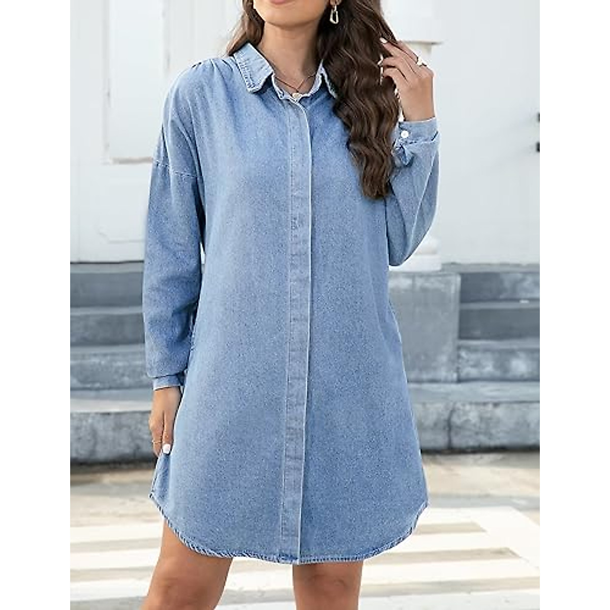 KDF Denim Dress for Women Long Sleeve Denim Shirt Dresses Women with Pockets Button Down Babydoll Jean Dresses for Women 2023 Light Blue Size X-Large