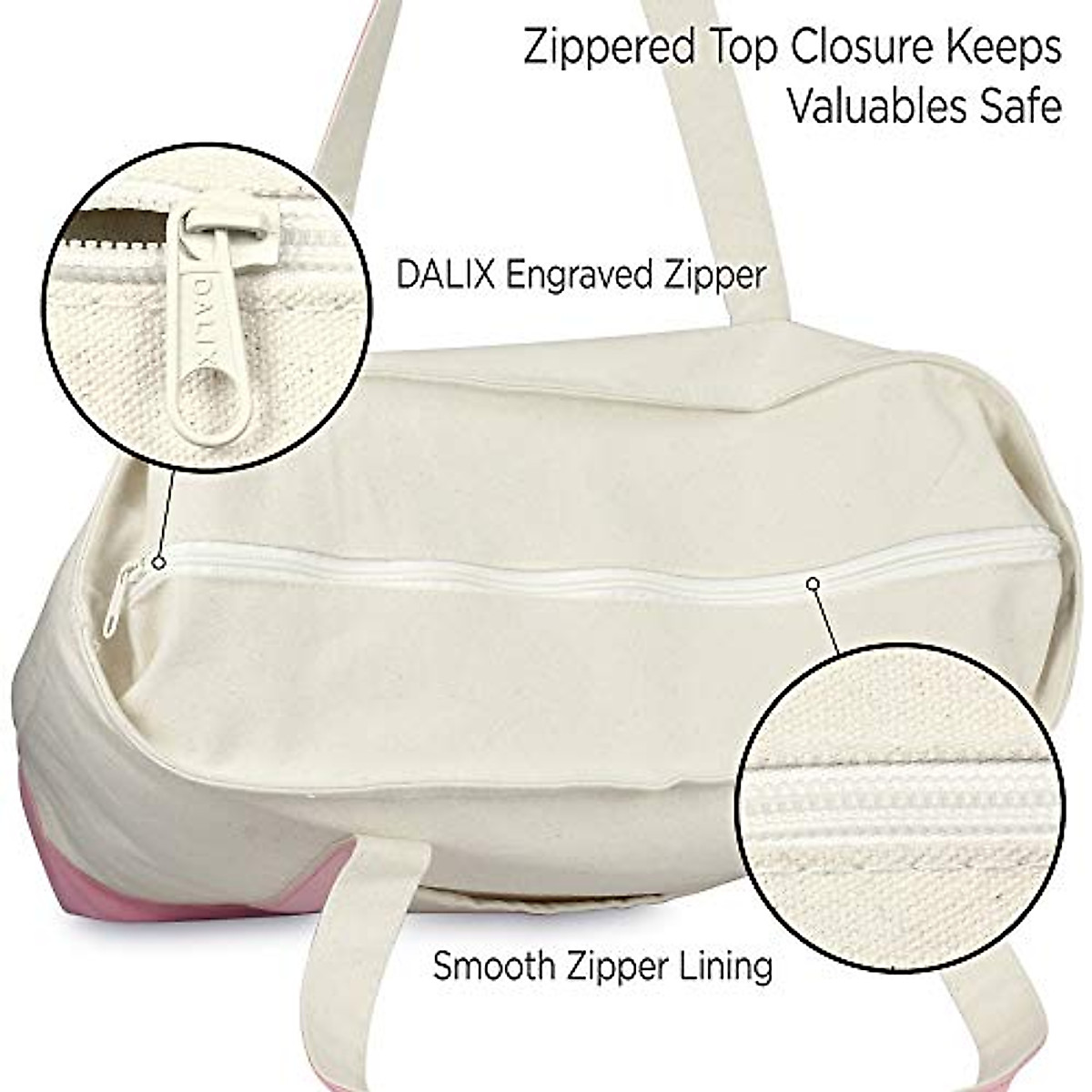 DALIX 22" Extra Large Cotton Canvas Zippered Shopping Tote Bag in Pink